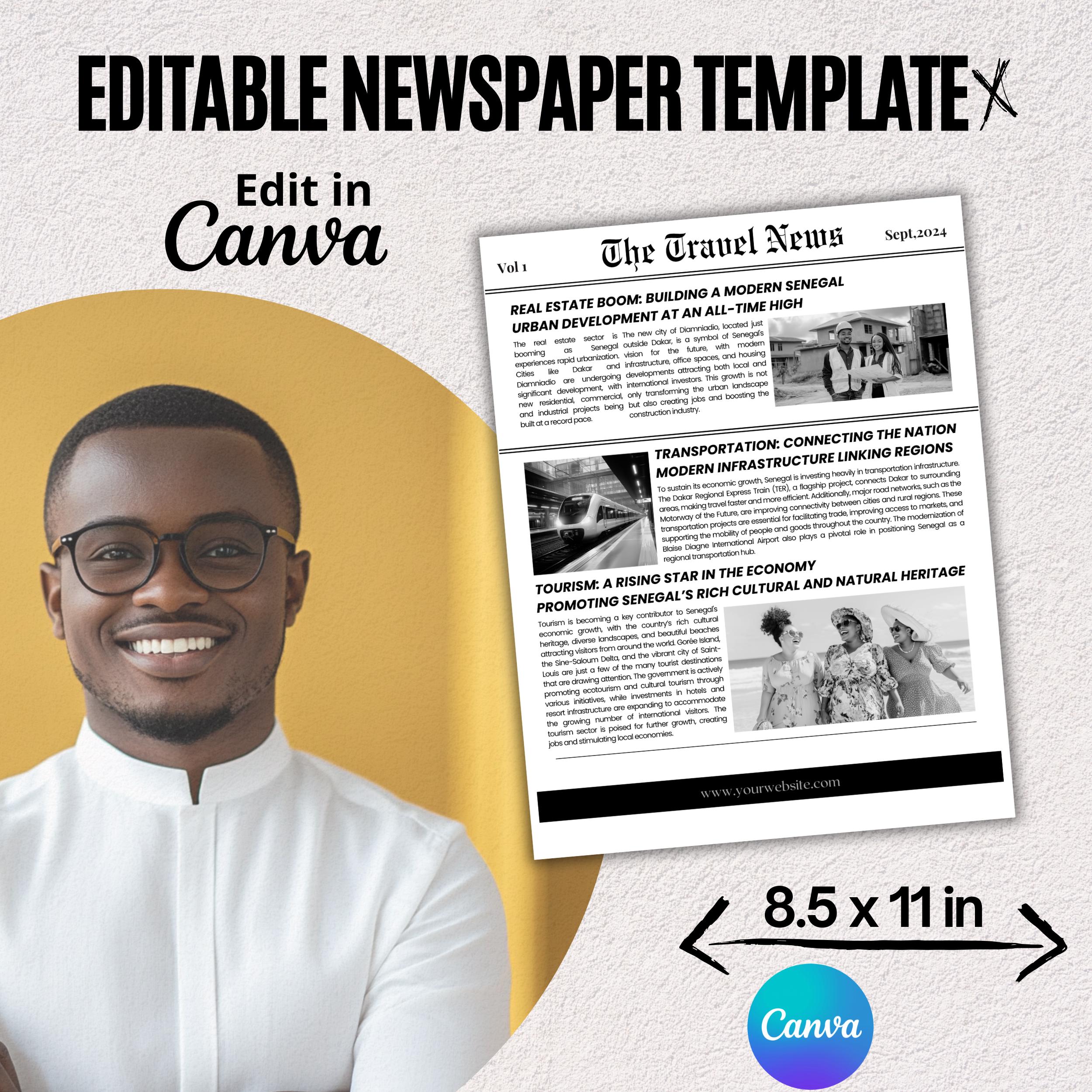 Canva Business Newspaper Template, Editable Newspaper Senegal Travel ...