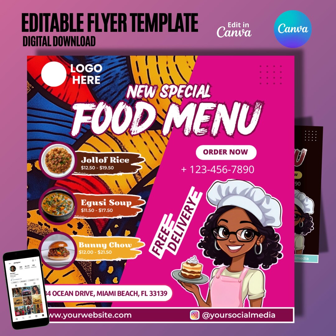 African Food Menu Flyer, Square Instagram Template, Editable Canva ...