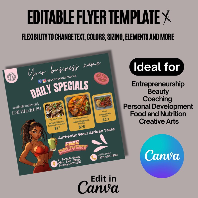 Restaurant Flyer Template Editable Canva African Food Menu Daily ...