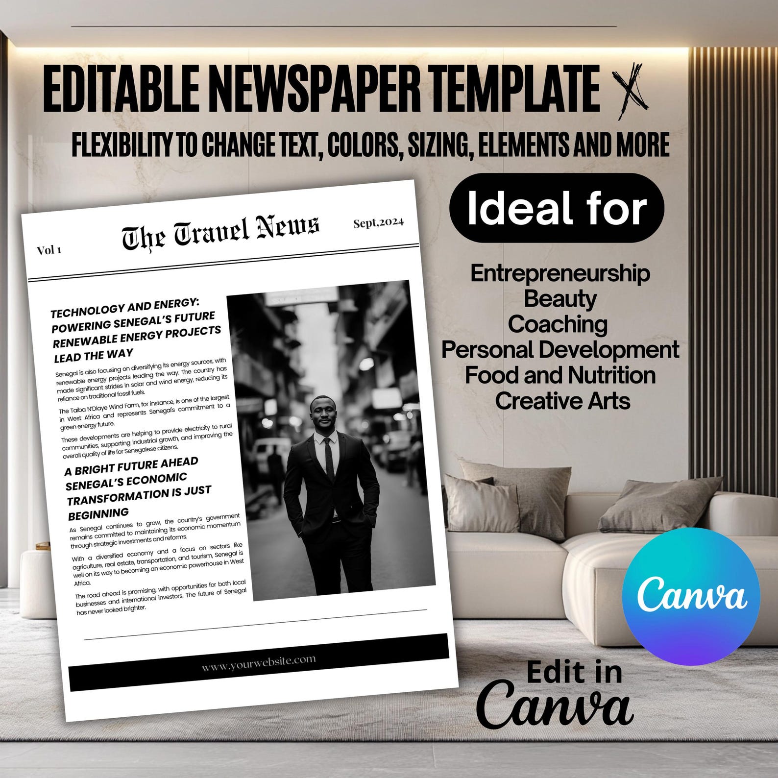 Canva Business Newspaper Template, Editable Newspaper Senegal Travel ...