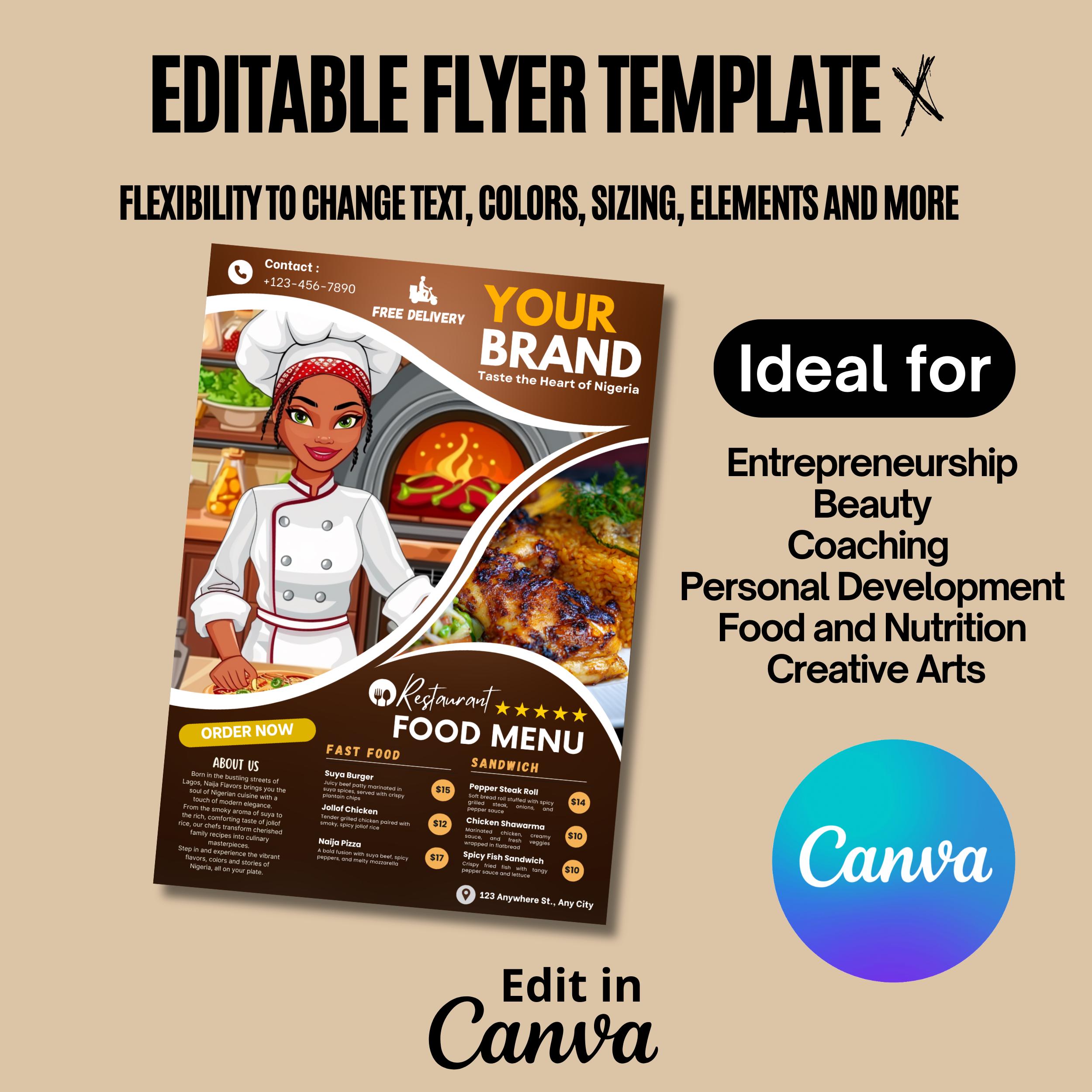 Editable African Restaurant Menu Flyer, A4 Food Template, Canva Design ...