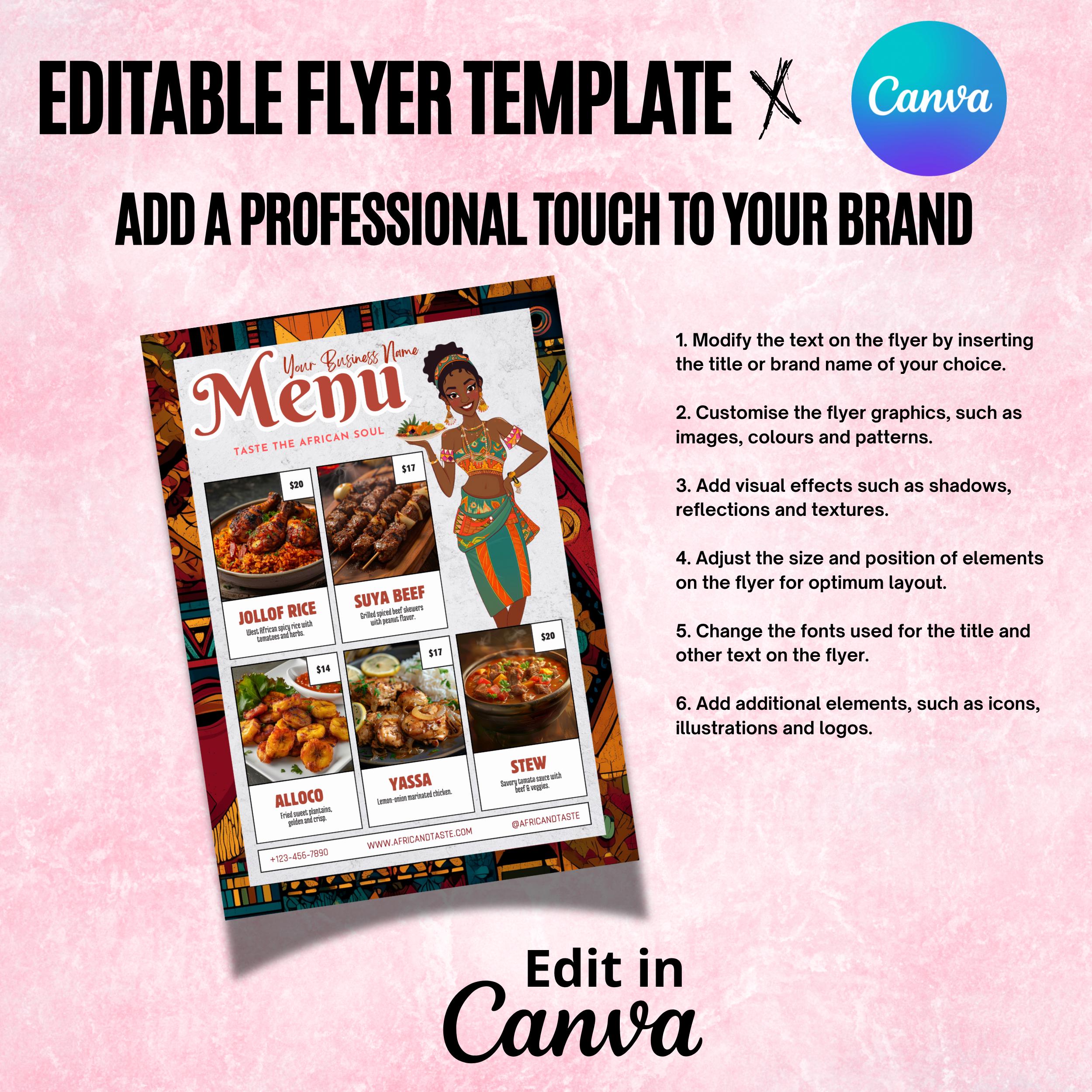 Digital Menu Template, Editable Canva Flyer, African Food Business ...