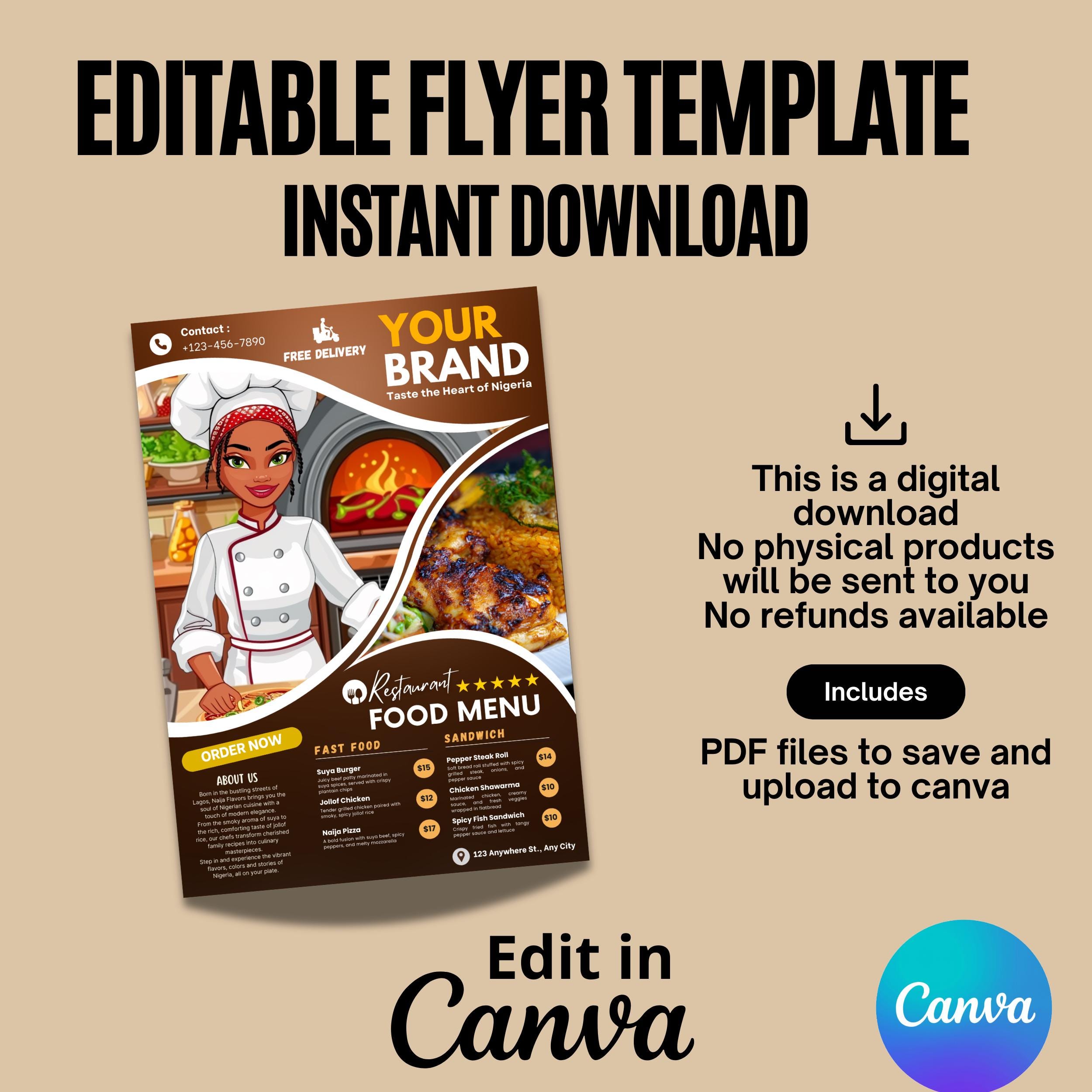 Editable African Restaurant Menu Flyer, A4 Food Template, Canva Design ...