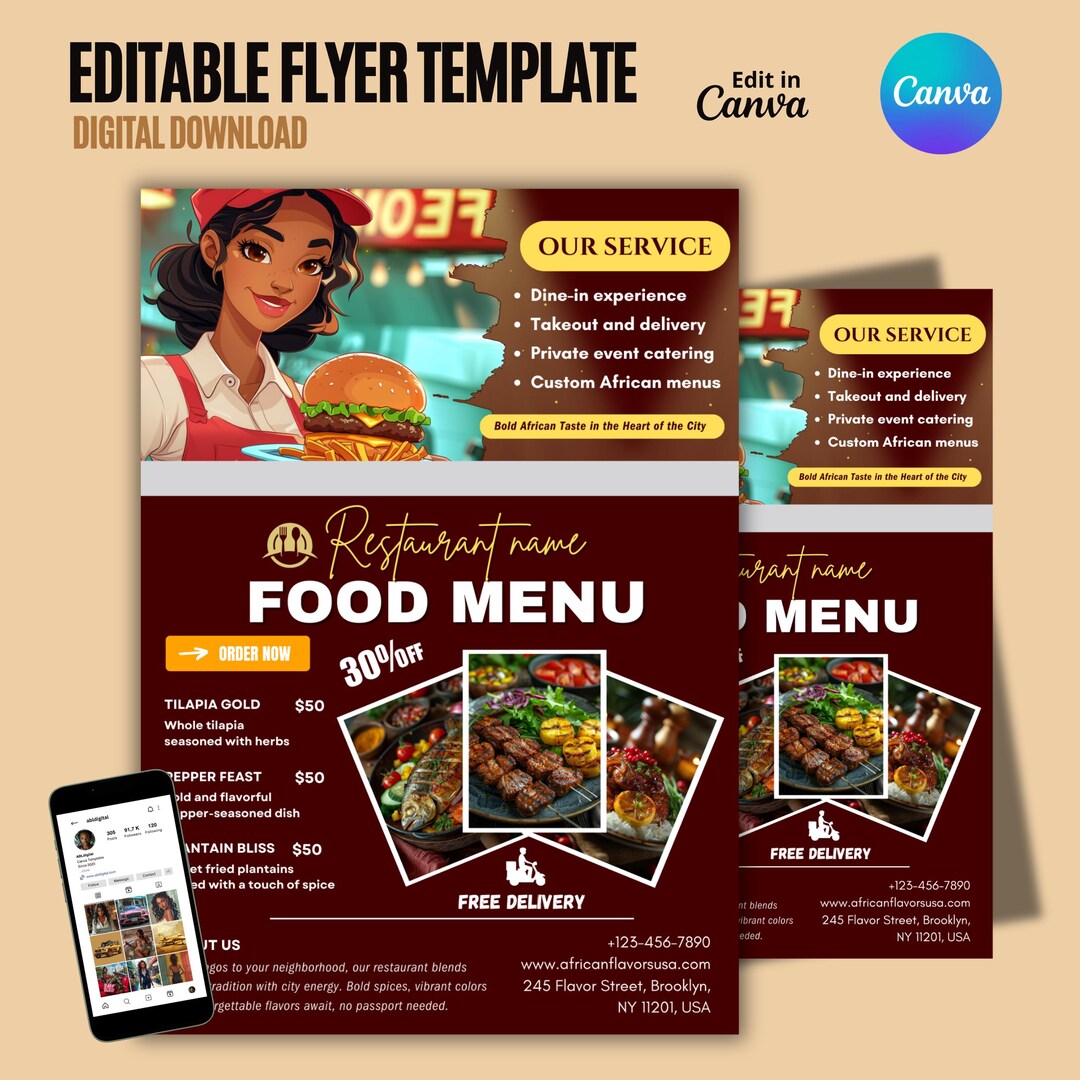 DIY Restaurant Menu Flyer, Food Template, Canva Editable Design ...