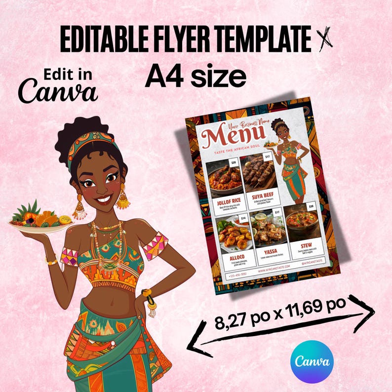 Digital Menu Template, Editable Canva Flyer, African Food Business ...
