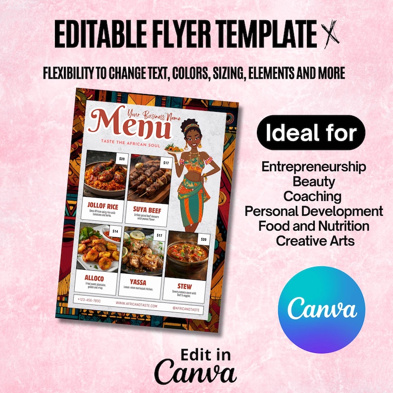 Digital Menu Template, Editable Canva Flyer, African Food Business ...