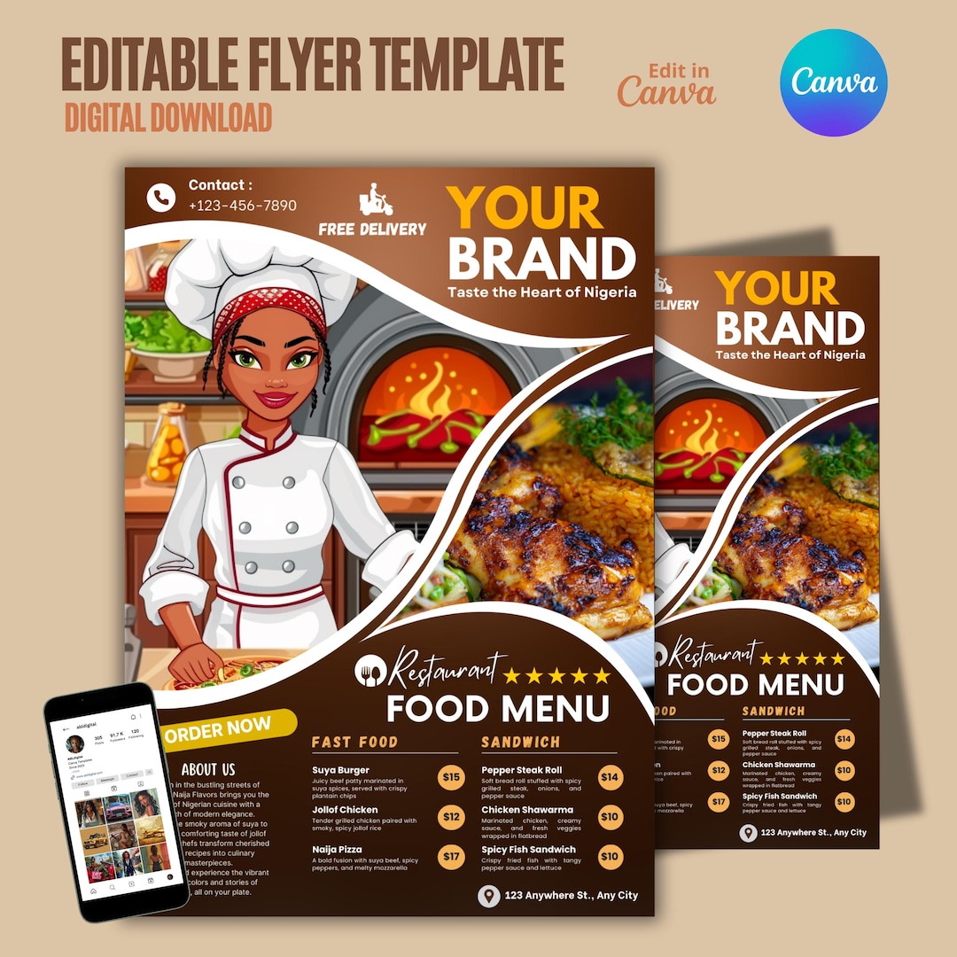 Editable African Restaurant Menu Flyer, A4 Food Template, Canva Design ...