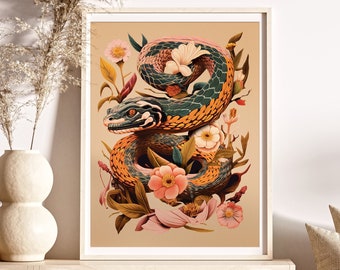 Floral Snake Print, Snake Illustration, Flower Floral Wall Art, Home ...