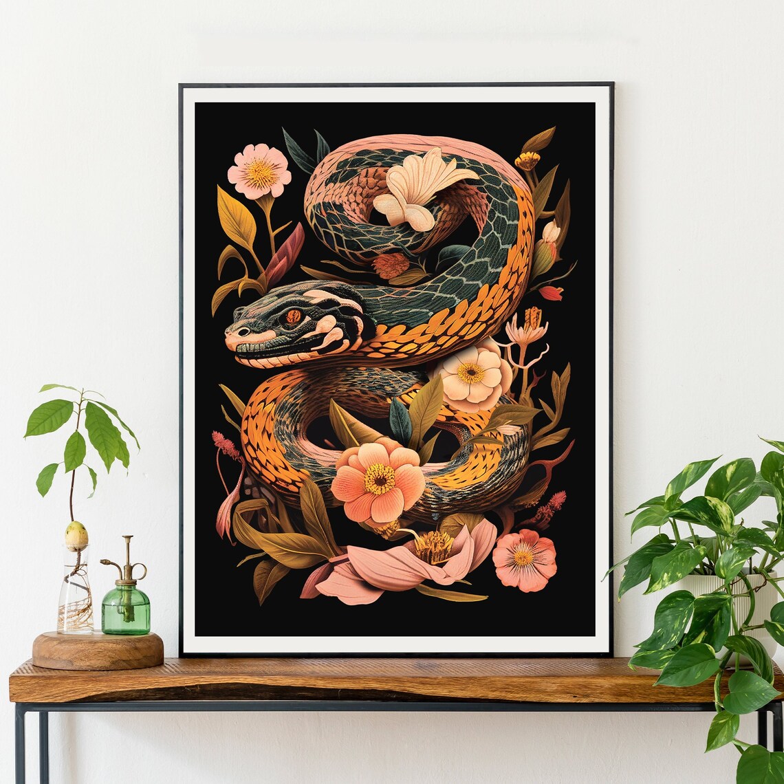 Floral Snake Print, Snake Illustration, Flower Floral Wall Art, Home ...