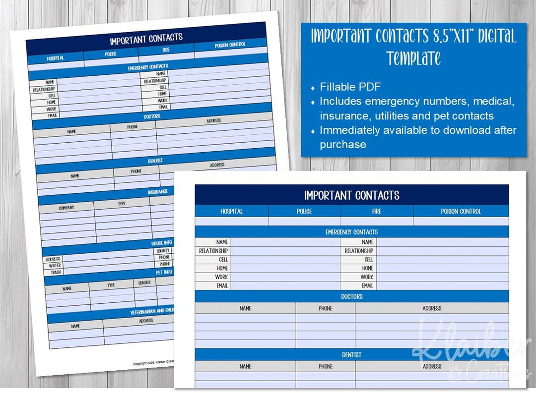 Important Contacts 8.5"x11" Digital Template - Blue - Etsy
