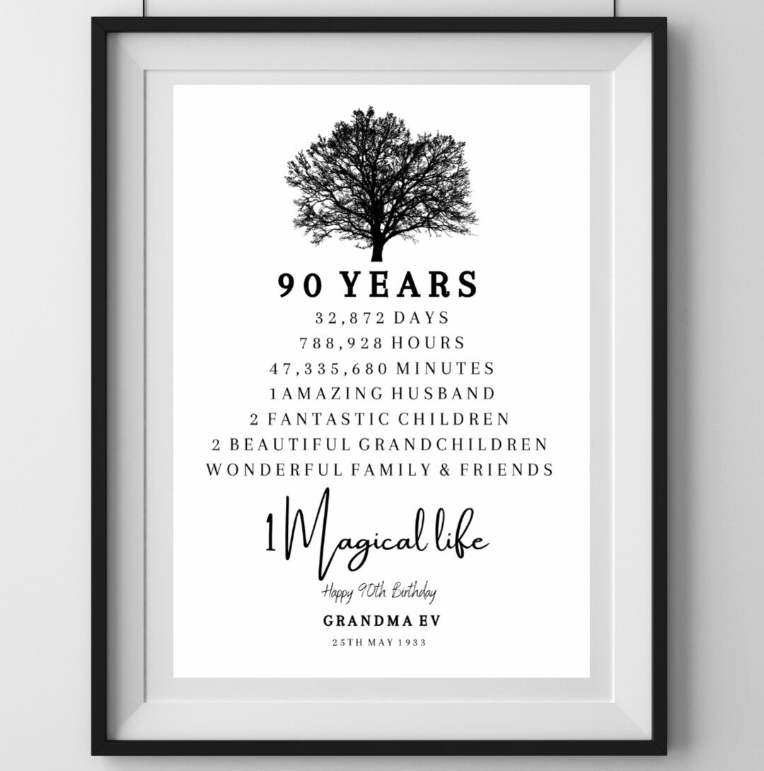 Personalised 90th Birthday Gift, // A4 A3 Print // 90th Tree Birthday ...