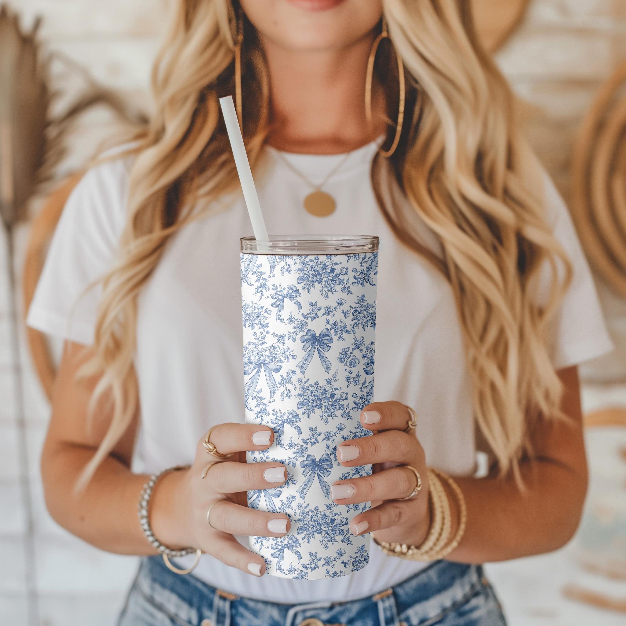 Bow Tumbler Wrap Blue Chinoiserie Grand Millennial Tumbler Cup Toile De ...