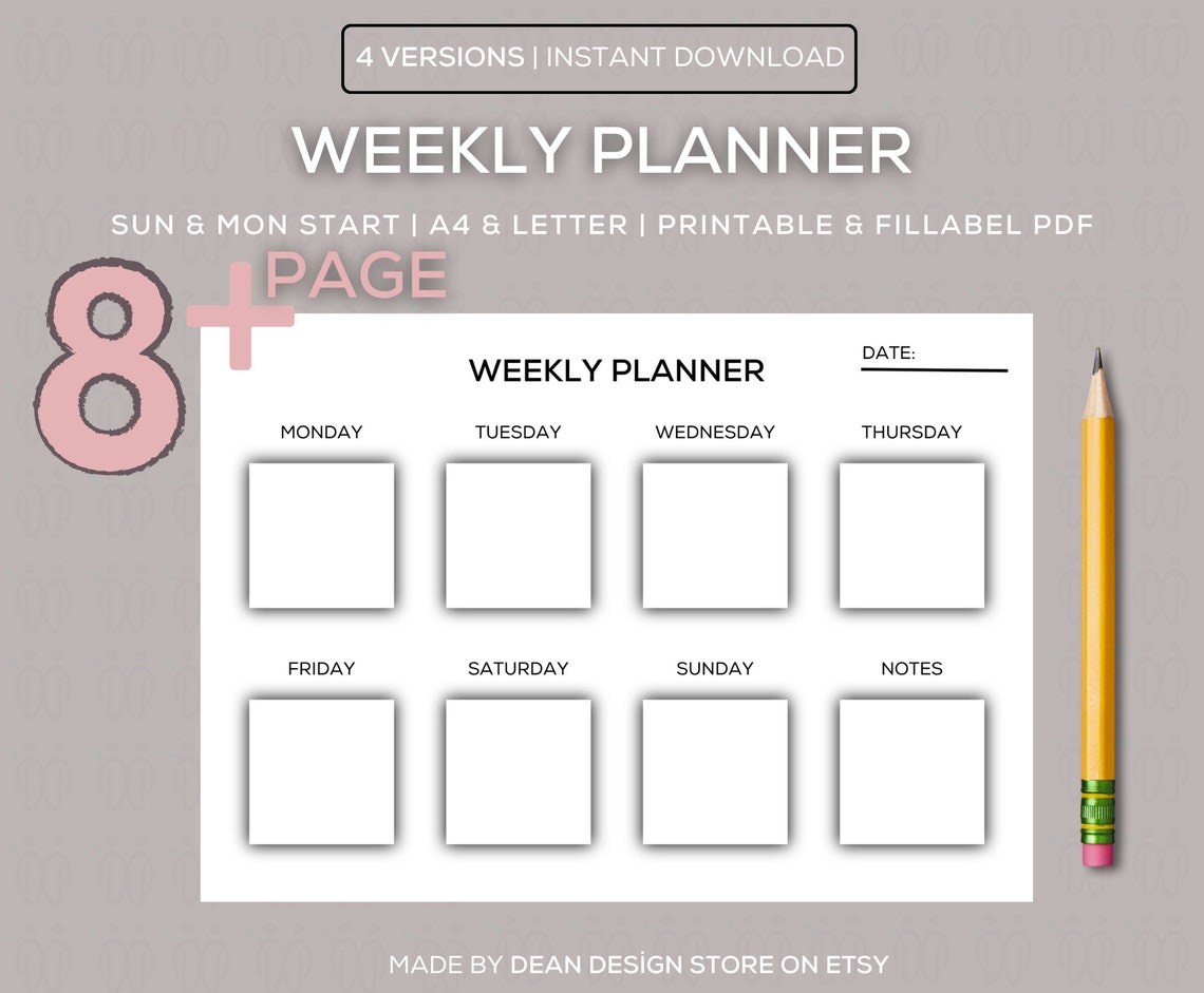 Weekly Planner Printable Landscape, Minimalist Weekly Schedule, Week at ...