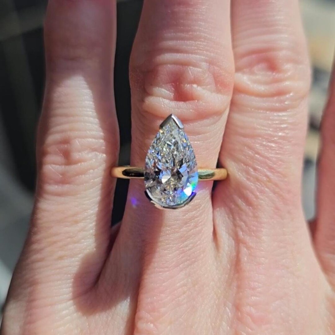3.5 CT Solitaire Pear Cut Moissanite Half Bezel Setting Engagement Ring ...