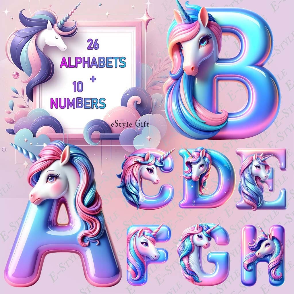 Unicorn-themed Alphabet Sublimation Dtf Number PNG Bundle High-quality ...