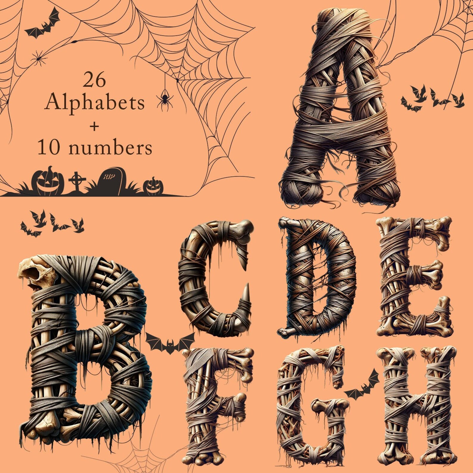 Skeleton Alphabets Png, Bones Doodles, Mummy Alphabets Png, Halloween ...