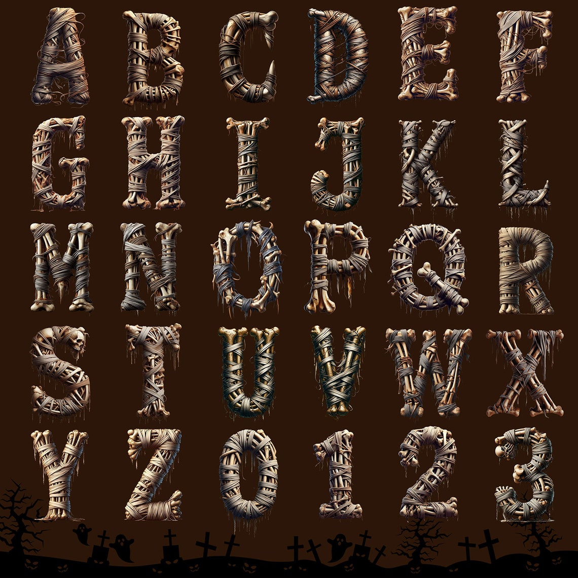 Skeleton Alphabets Png, Bones Doodles, Mummy Alphabets Png, Halloween ...