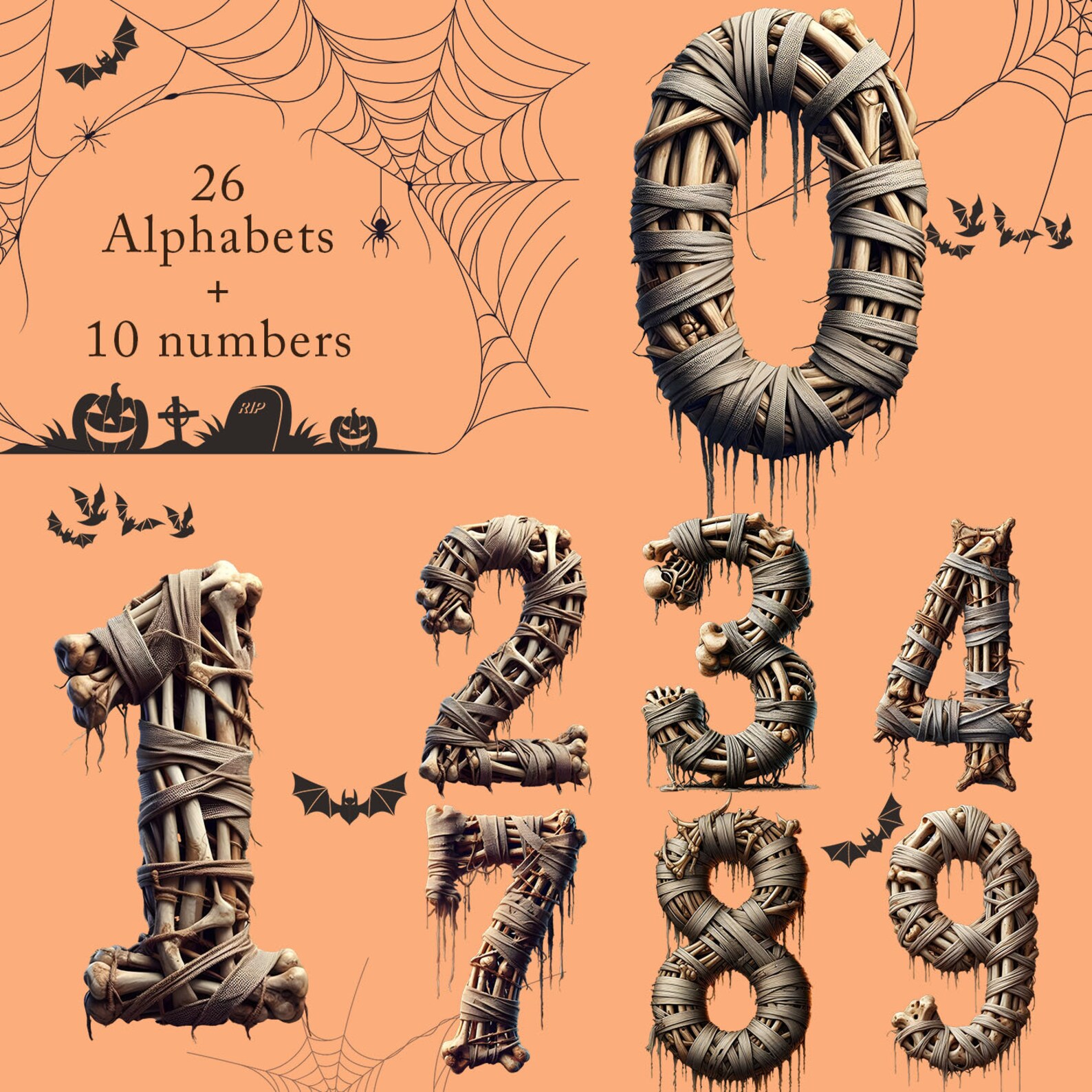 Skeleton Alphabets Png, Bones Doodles, Mummy Alphabets Png, Halloween ...