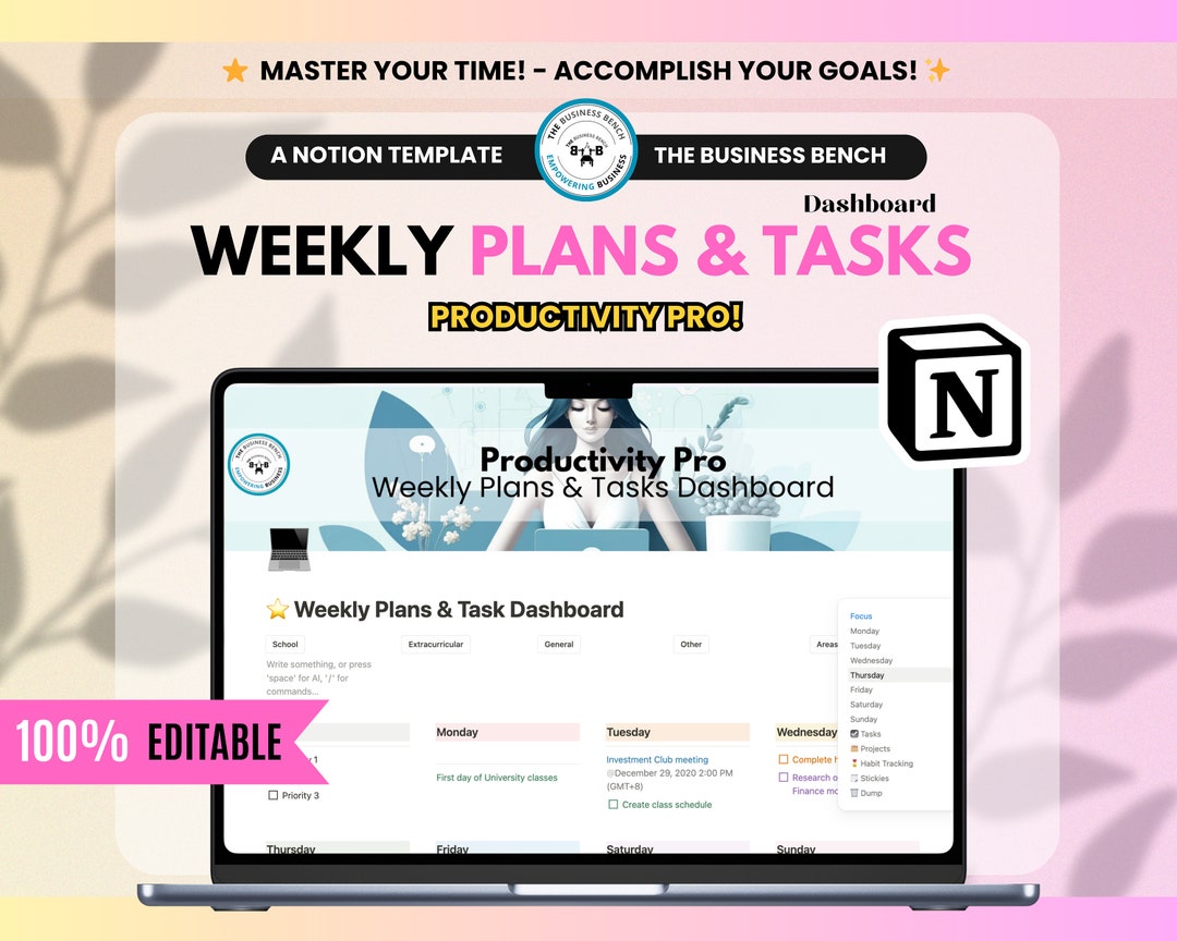 TBB Productivity Pro - Weekly Plans & Tasks Dashboard | Notion Template | Master Your Time and ...