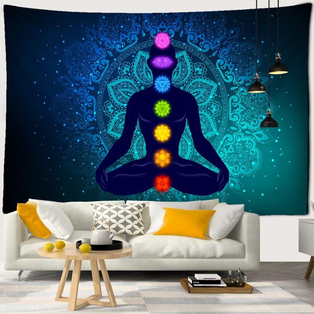 Indian Buddha Statue Meditation 7 Chakra Tapestry Wall Hanging Mandala ...