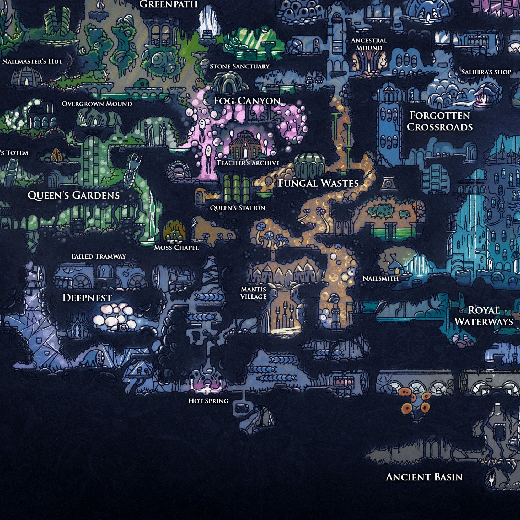 Hollow Knight Map Wall Art, Map of Hallownest Poster, Wall Decor ...