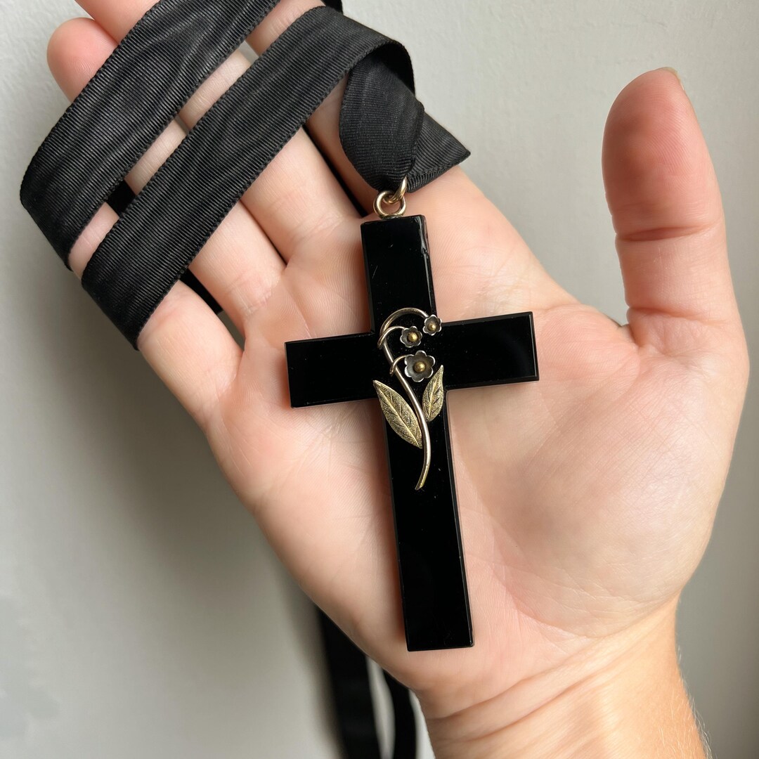 Antique Victorian Whitby Jet Cross With Flower Embelisment - Etsy