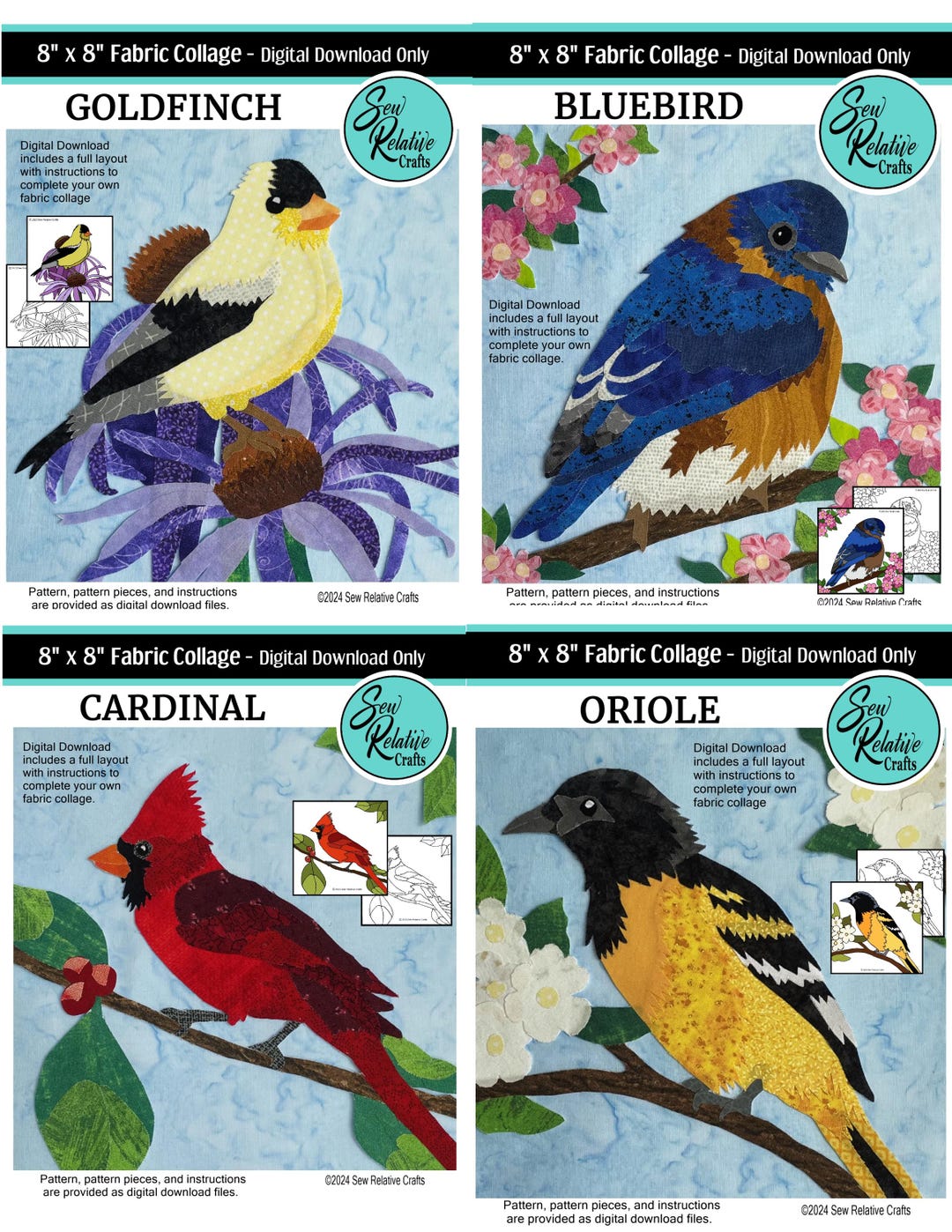 BIRD 4 Pack Fabric Collage Pattern, Raw Edge Applique for Art Quilt - Etsy