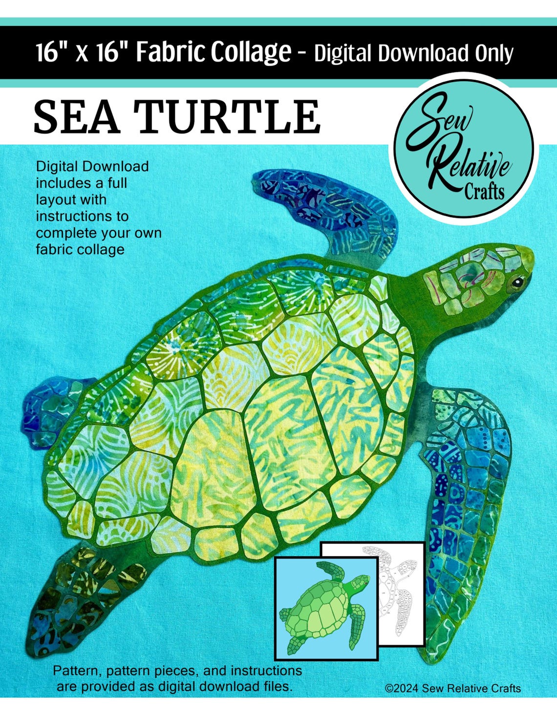 SEA TURTLE Fabric Collage PDF Pattern - Etsy