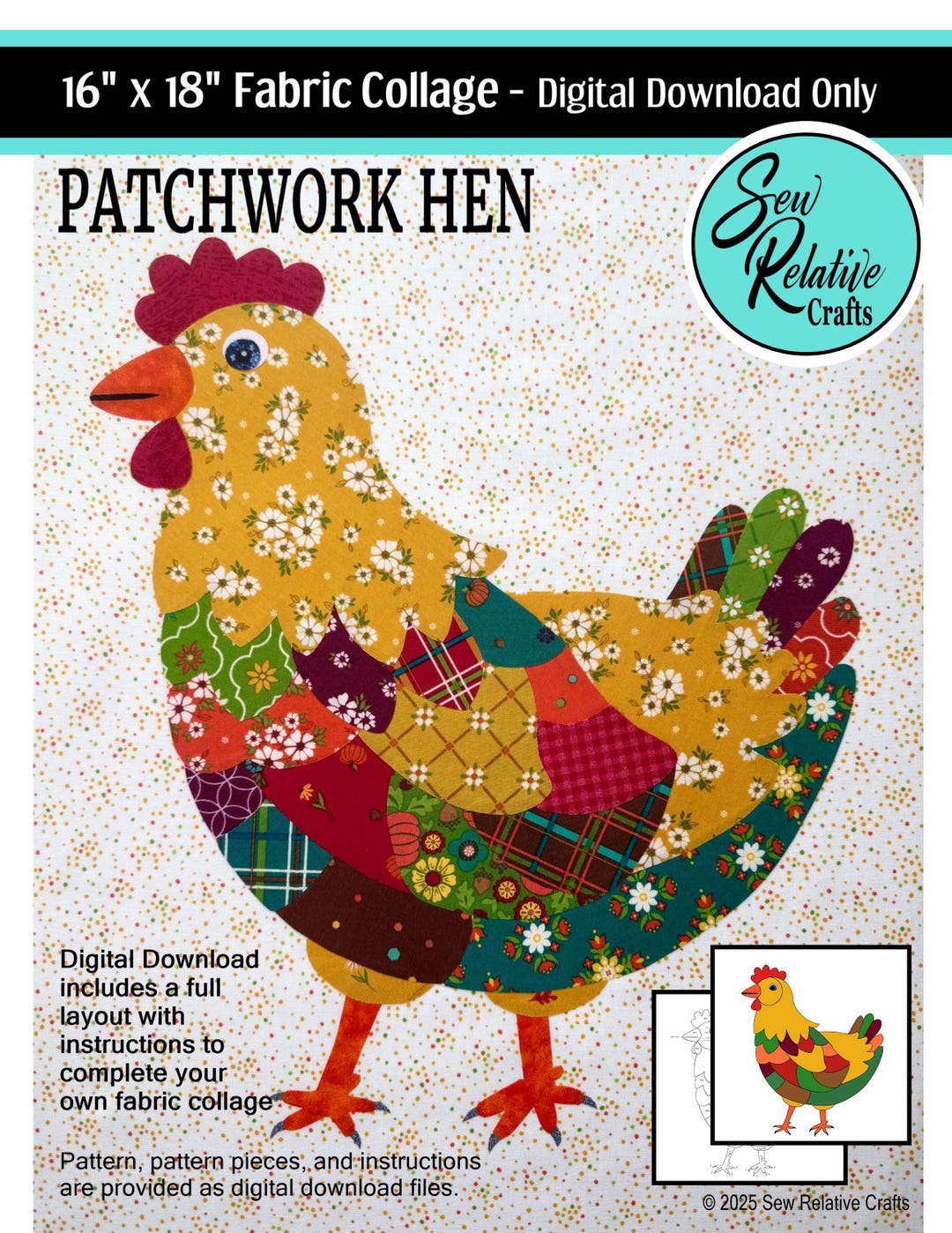 PATCHWORK HEN Fabric Collage Pattern, Raw Edge Applique for Art Quilts ...