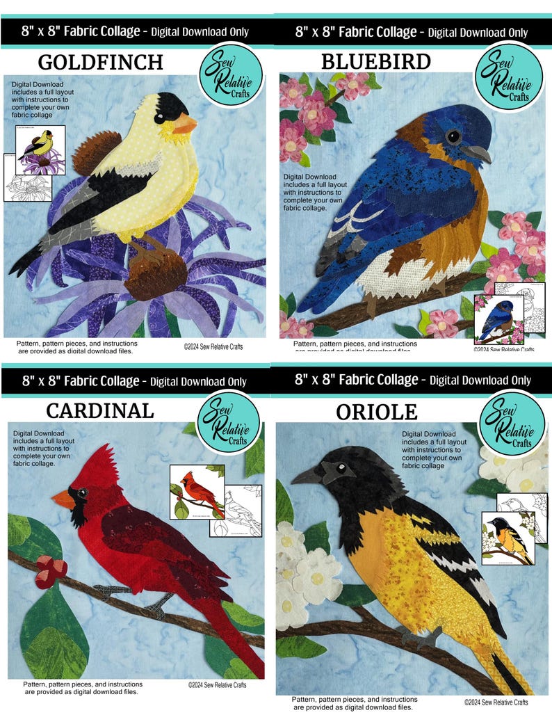 BIRD 4 Pack Fabric Collage Pattern - Etsy