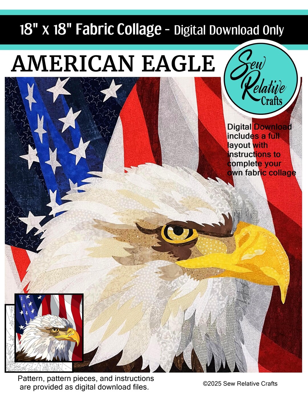AMERICAN EAGLE Fabric Collage Pattern, Raw Edge Applique, Art Quilt - Etsy