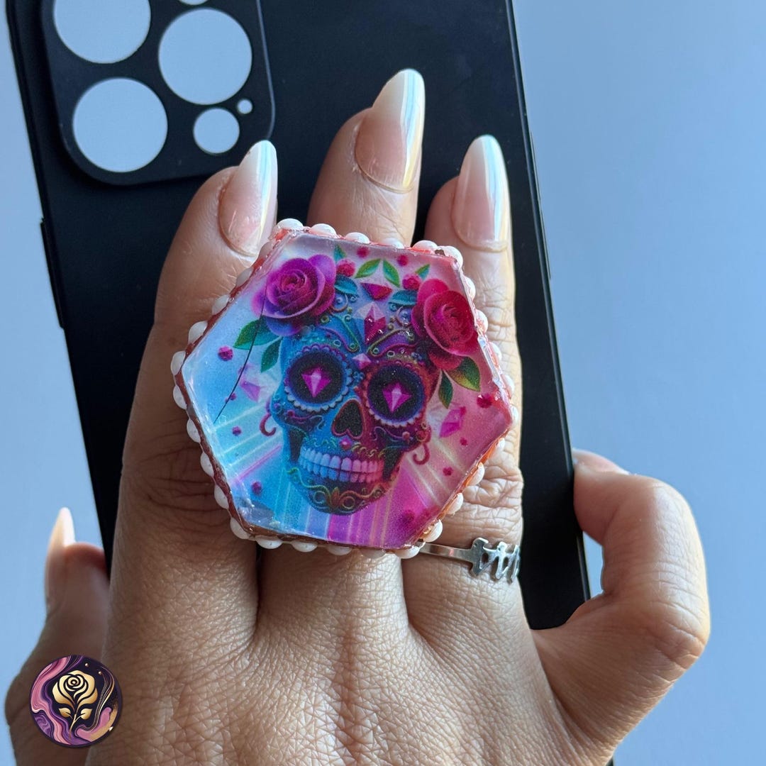 Gothic Pop Socket With Sugar Skull Grip – Dia De Los Muertos Floral ...