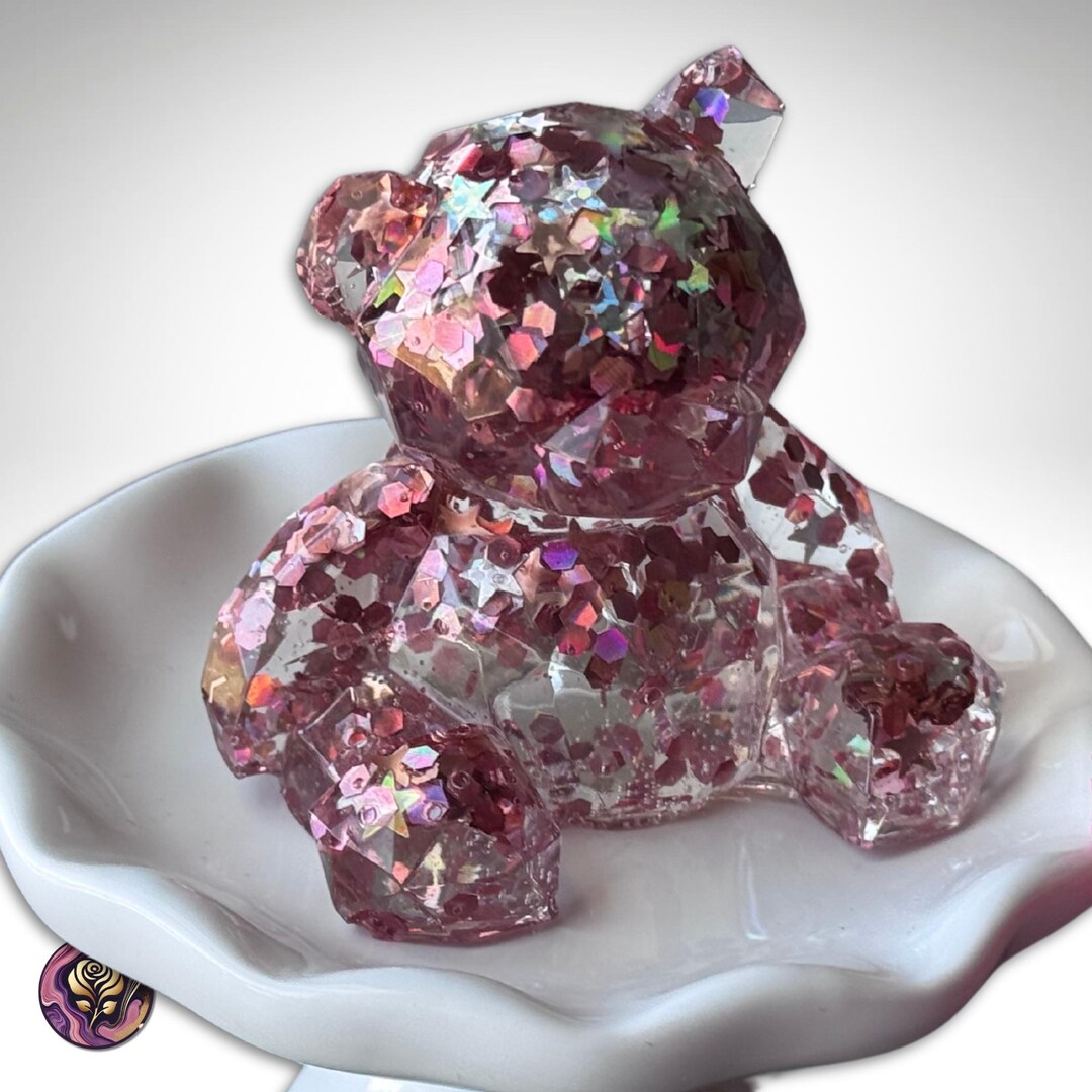 Clear Resin Bear With Pink Glitter and Stars - Handmade Decorative ...
