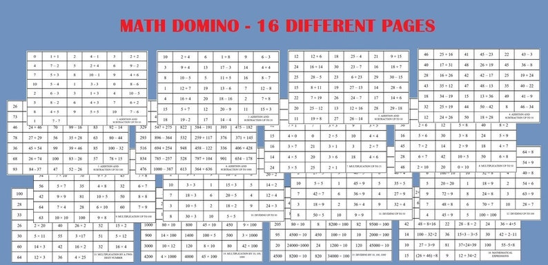 16 Printable Different Math Dominoes Sheets for Grade 1-4. Addition ...