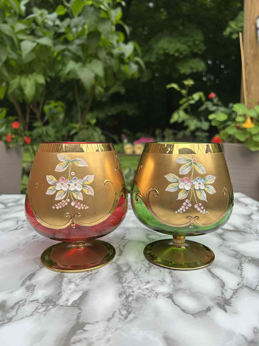 Vintage Bohemian Art Glass Brandy Snifters: Hand-painted Floral Enamel ...