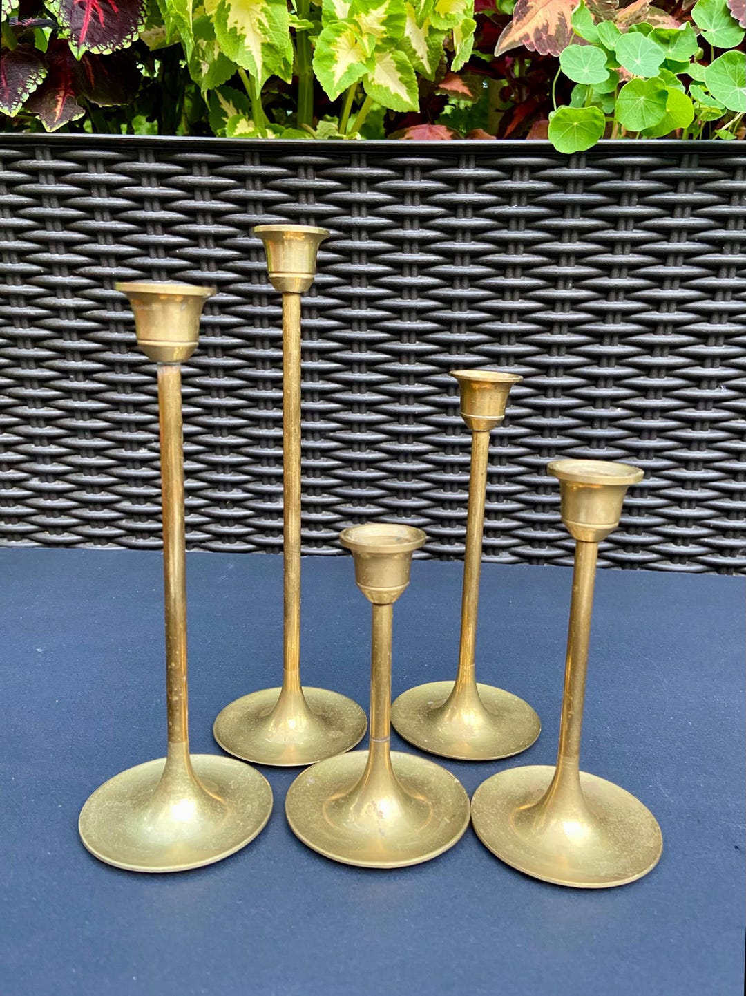 Vintage Brass Trumpet Candlestick Set: Mid-century Modern Taper Candle ...