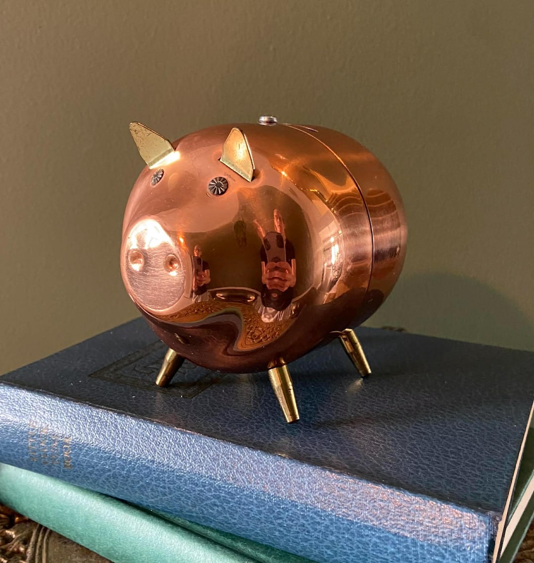 Vintage Copper Piggy Bank | Mid-century Modern Brass Accents - Etsy
