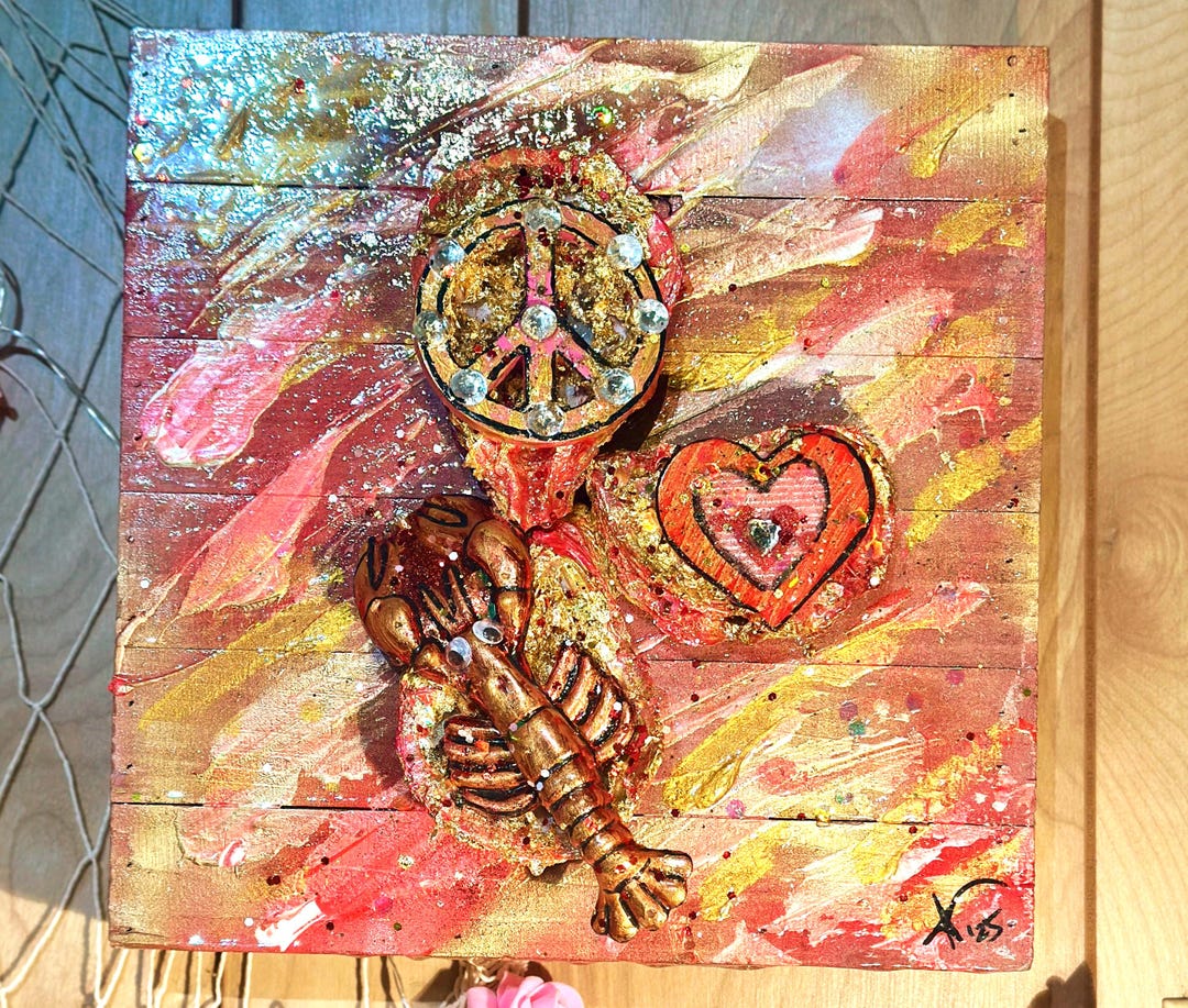 Peace, Love and Crawfish Oyster Shells on Painted Wood, Wall Piece ...