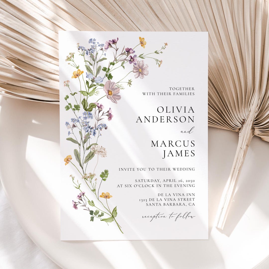 Boho Wildflower Wedding Invitation Template, Printable Pastel ...