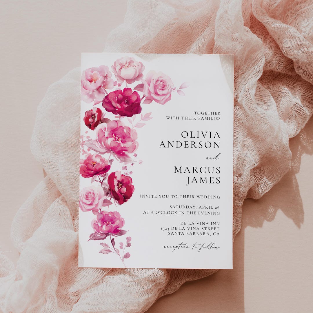 Magenta Floral Wedding Invitation Template, Printable Hot Pink Rose ...