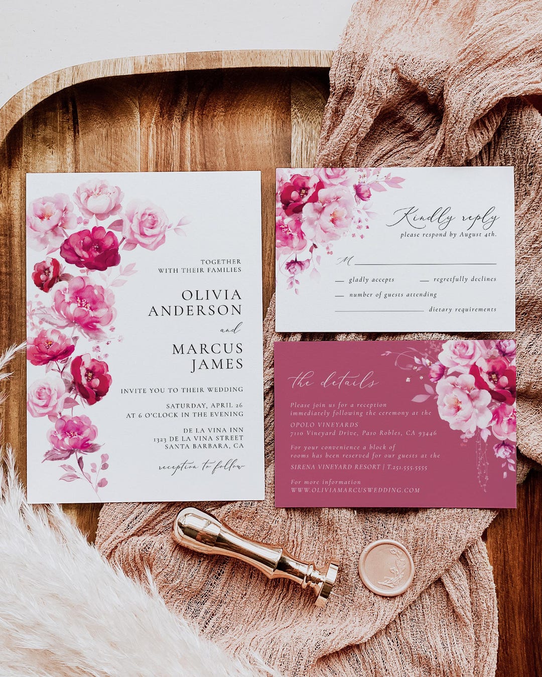 Magenta Floral Wedding Invitation Set Template, Printable Hot Pink Rose ...