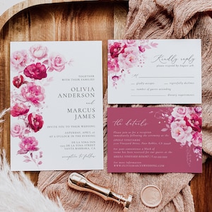 Magenta Floral Wedding Invitation Set Template, Printable Hot Pink Rose ...