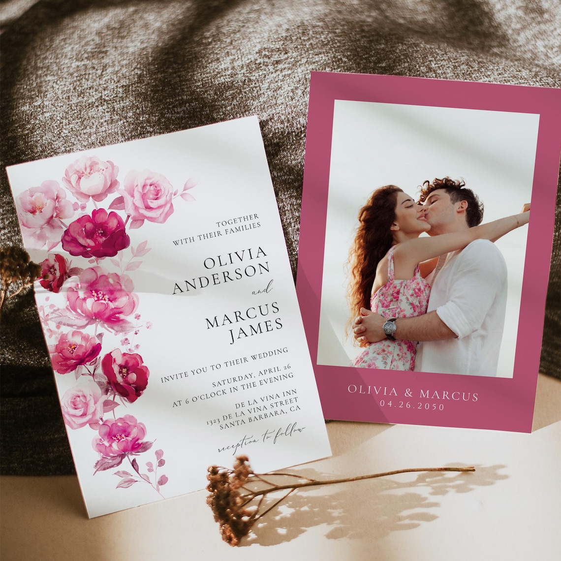 Magenta Floral Wedding Invitation Template, Printable Hot Pink Rose ...