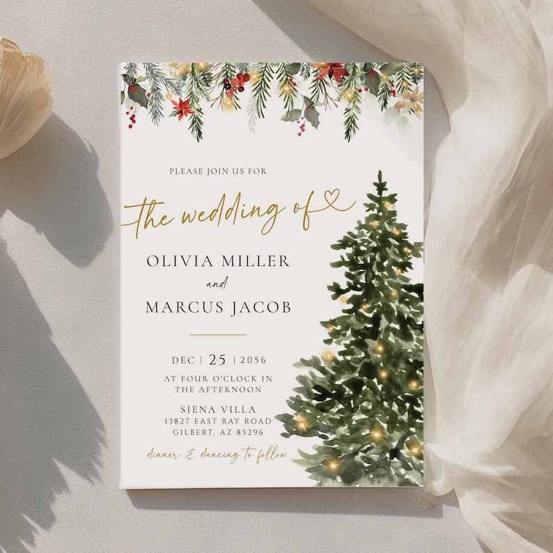 Christmas Light Tree Wedding Invitation Set Template, Printable Boho X ...
