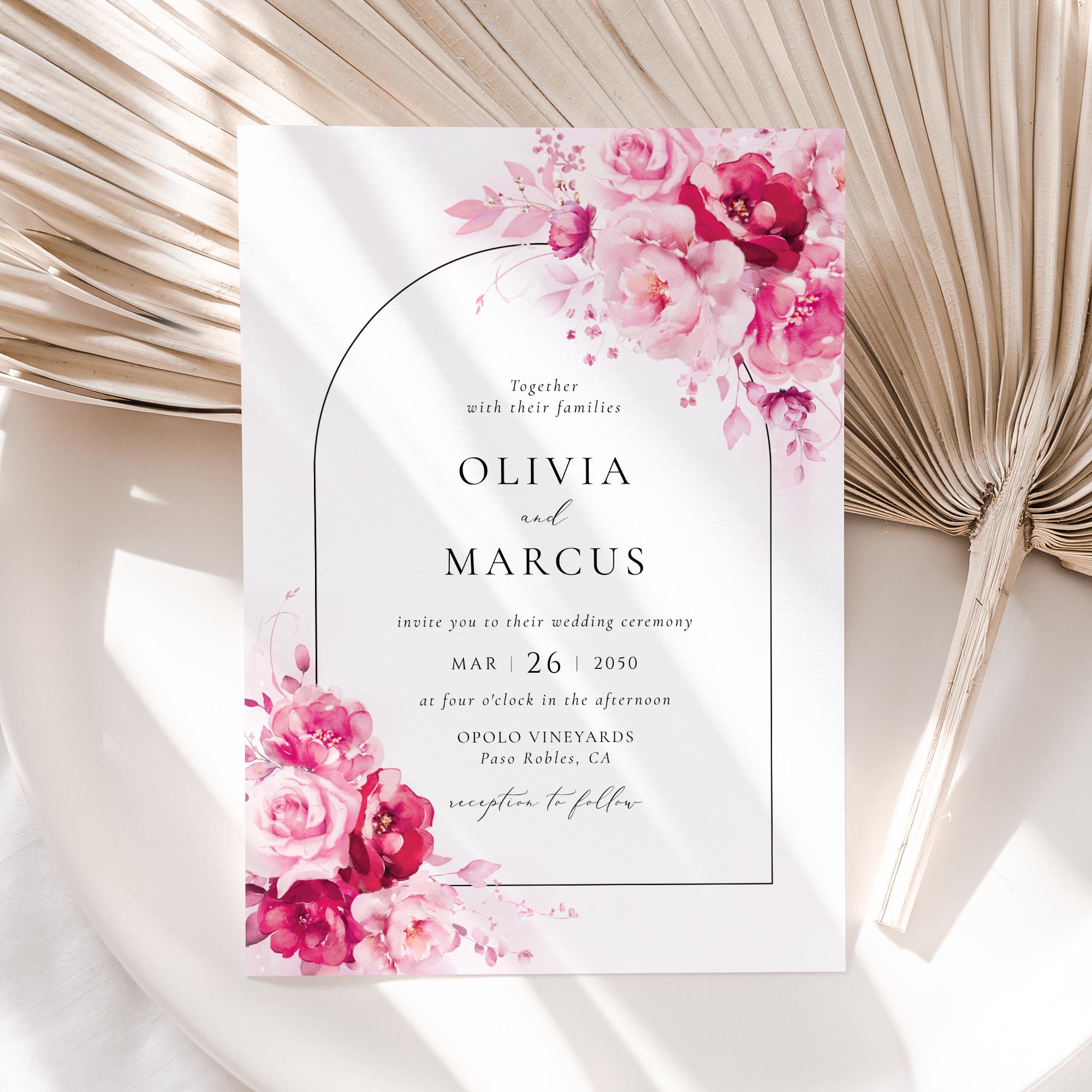 Magenta Floral Arch Wedding Invitation Template, Printable Hot Pink ...