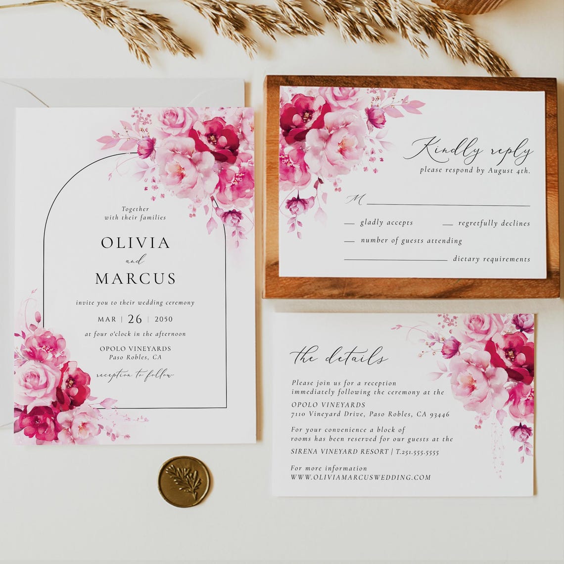 Magenta Arch Floral Wedding Invitation Set Template, Printable Hot Pink ...