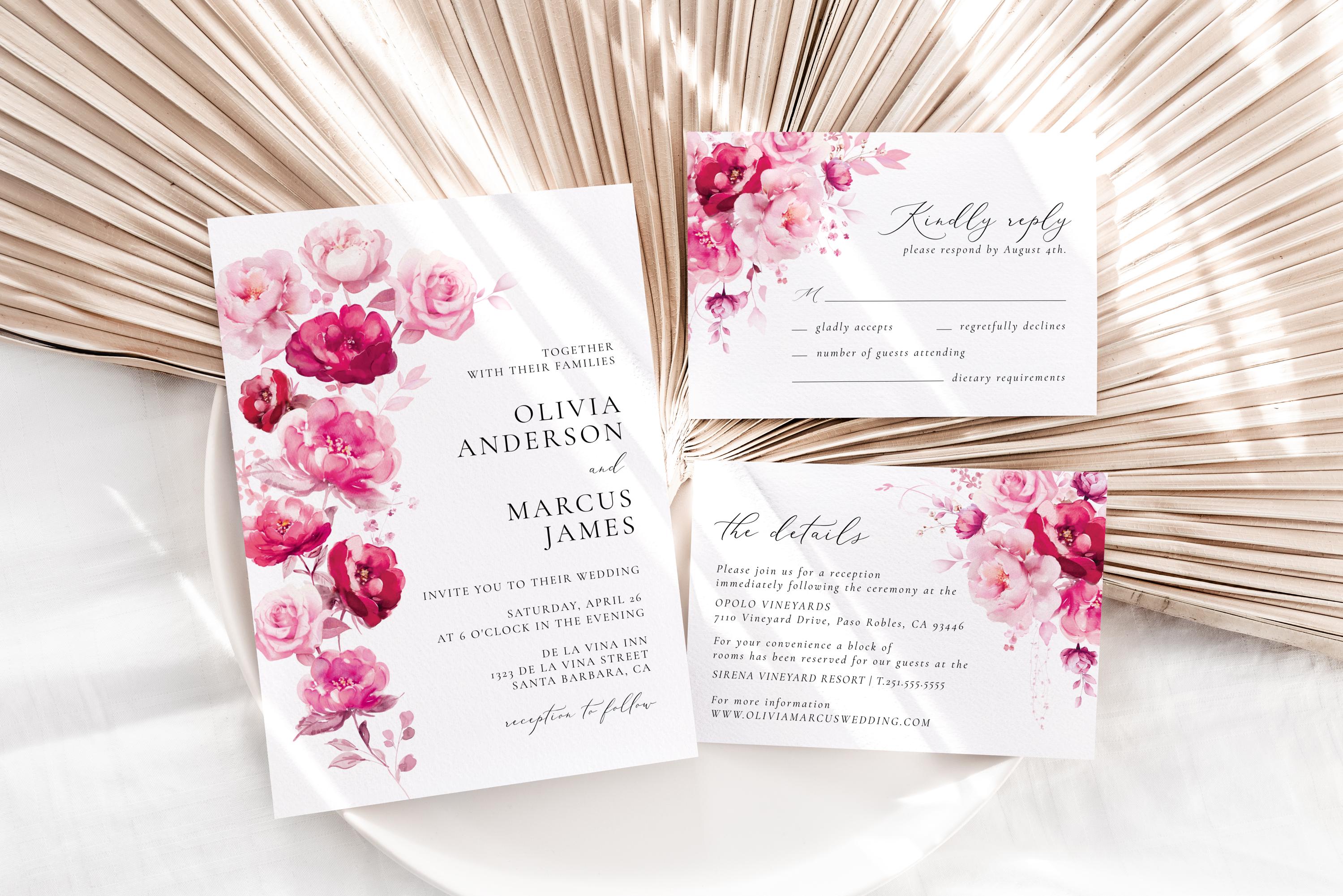 Magenta Floral Wedding Invitation Set Template, Printable Hot Pink Rose ...