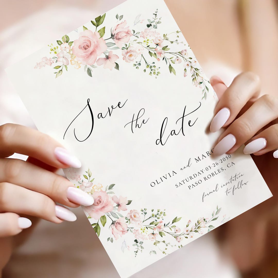 Blush Pink Rose Wedding Save the Date Invitation Template, Printable ...