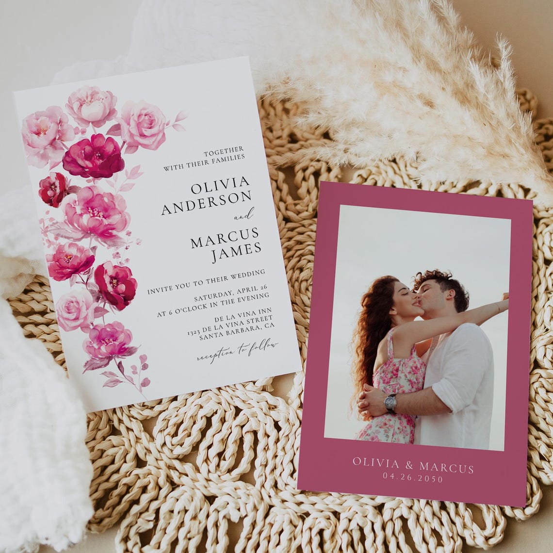 Magenta Floral Wedding Invitation Template, Printable Hot Pink Rose ...