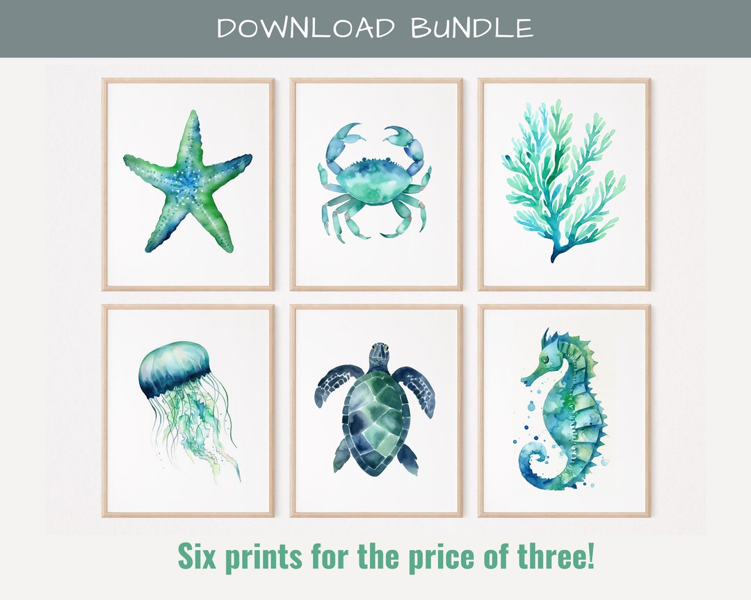 Sea Life Six Print Bundle - Watercolor Digital Download, Sea Horse ...